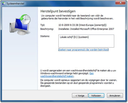 Systeemherstel in Windows 7